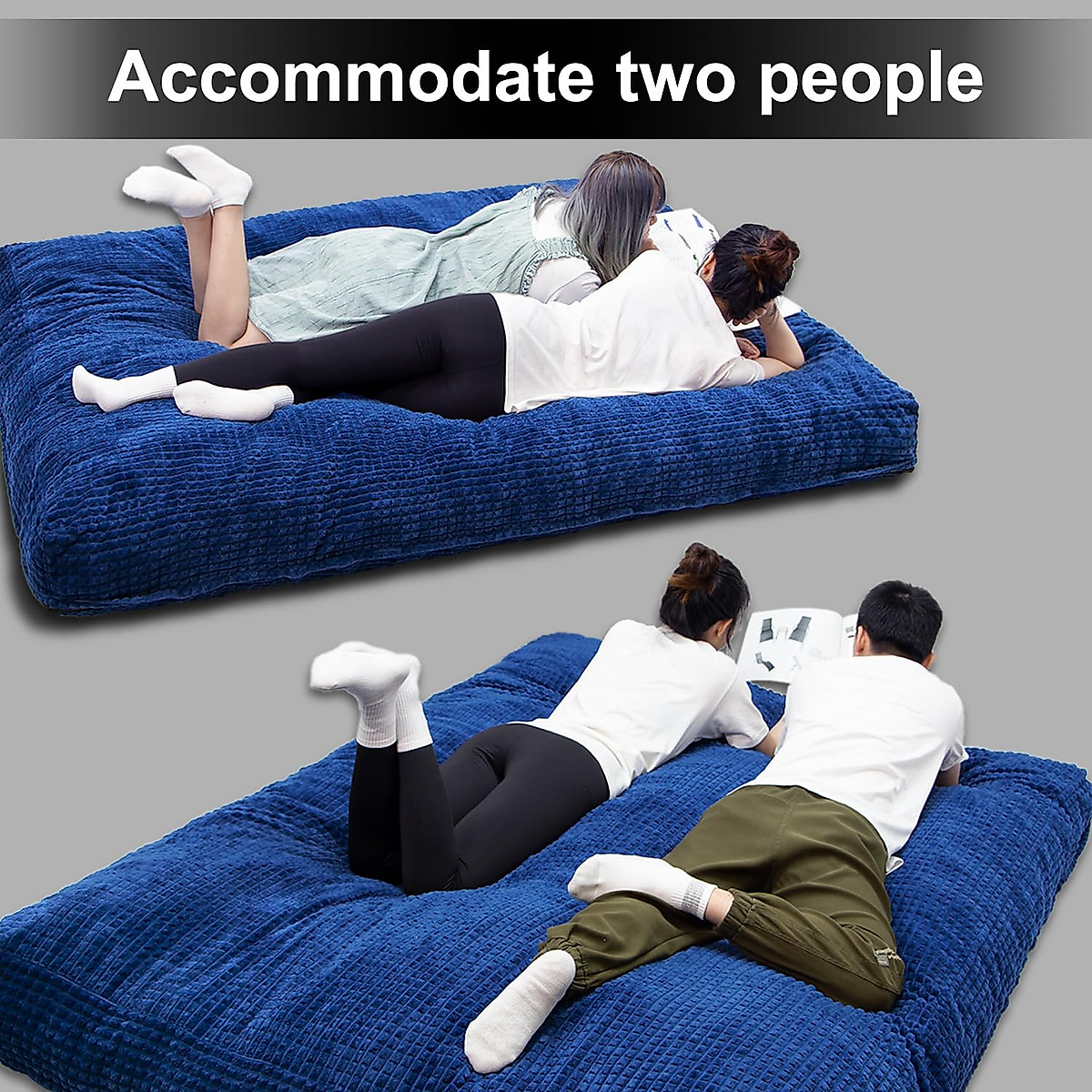 N&V Bean Bag Chair/Bed Transformable Giant with Washable Plush Velvet (Blue, Full)