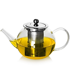 LUXU Glass Teapot with Stainless Steel Infuser & Lid,Stovetop Safe 1100ml/37 oz Clear Glass Tea Kettle with Comfortable Handle,Premium Blooming and Loose Leaf Tea Maker Set