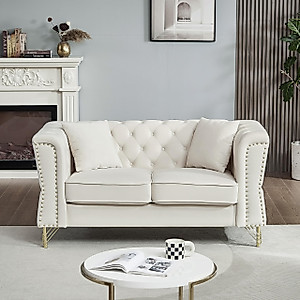 Sybrioka Loveseat Sofa Modern Velvet Couch for Living Room Chesterfield Style with Luxury Gold Metal Legs Button Tufted Nailhead Pillows (Beige, 2 Seater)