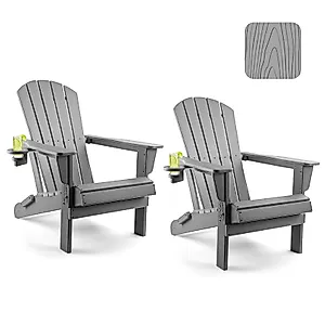 OLYMSOLD Folding Adirondack Chair Set of 2, Plastic Adirondack Chairs Wood Texture, Fire Pit Chairs for Outside, Weather Resistant Composite Adirondack Chair with Cup Holder