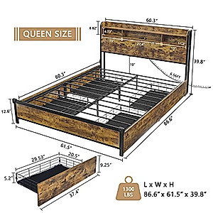 Alohappy Queen Bed Frame with LED Lights and Charging Station, Metal Platform Bed Frame with 2 -Tier Storage Headboard and Drawers, No Box Spring Needed, Easy Assembly, Noise Free