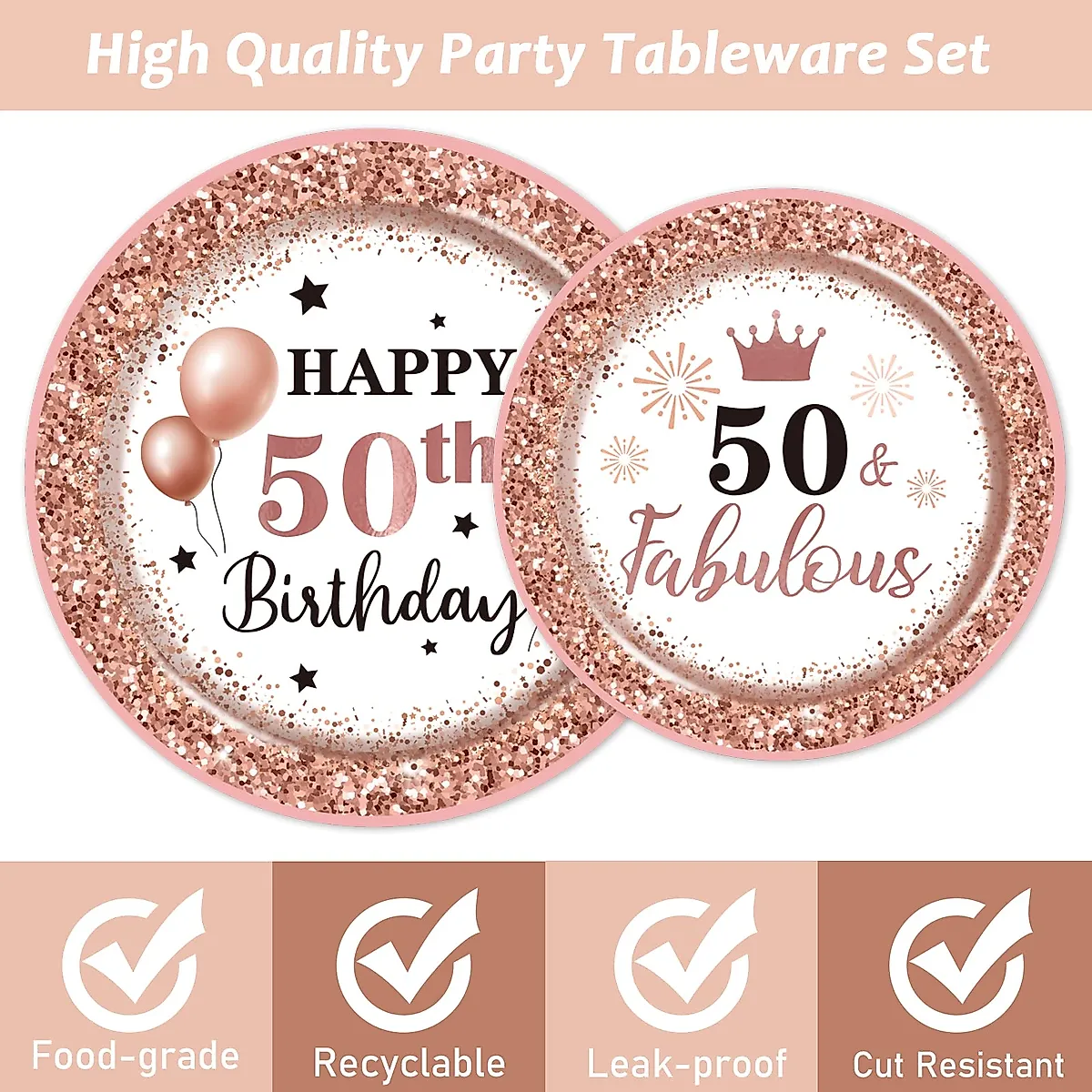 96 Pcs 50 and Fabulous Birthday Party Plates Napkins Tableware Set Rose Gold 50th Birthday Supplies Disposable Dinnerware Fifty Birthday Decoration Favors for Women, 24 Guests