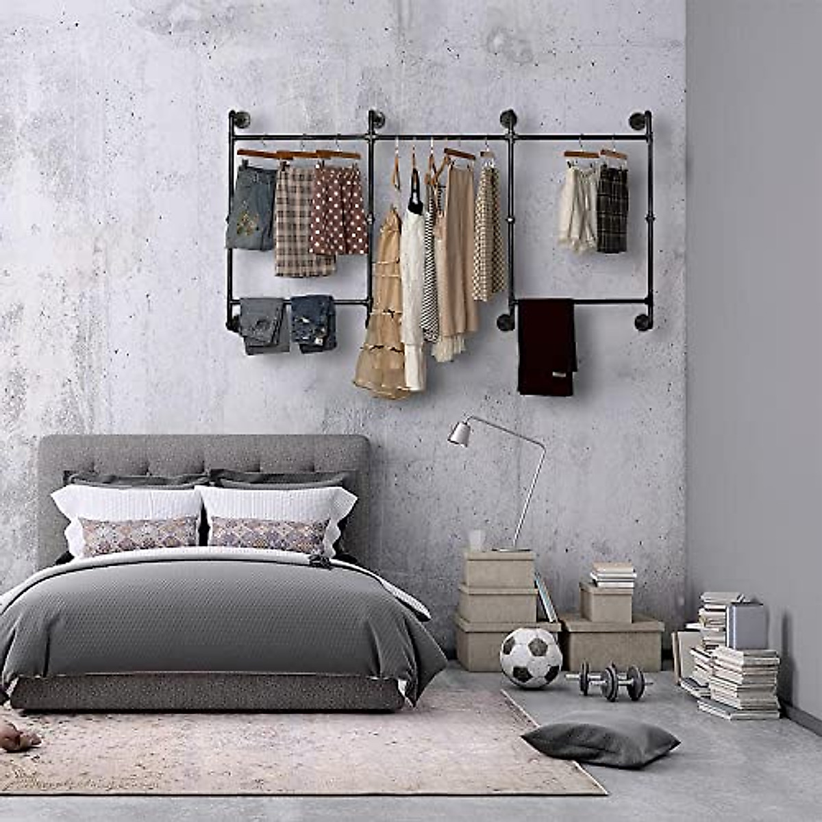 ZYUXUAN Industrial Wall Clothes Rack, Heavy-Duty Clothing Rack, Pipe Style Garment Rack with Four Hanging Rods for Home, Laundry Room, Retail Store, Rustic Black (five hanging rods)