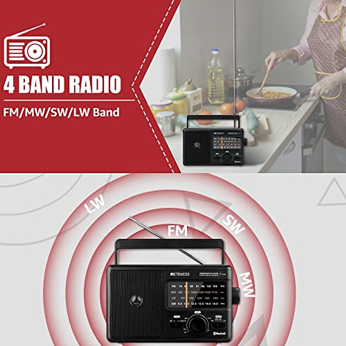 Retekess TR626 Portable AM FM Radio with Bluetooth, Plug in Radio, LW, DSP chip,Powered by AC or D Battery, Short Wave Radios for Garages,Home,Outdoors