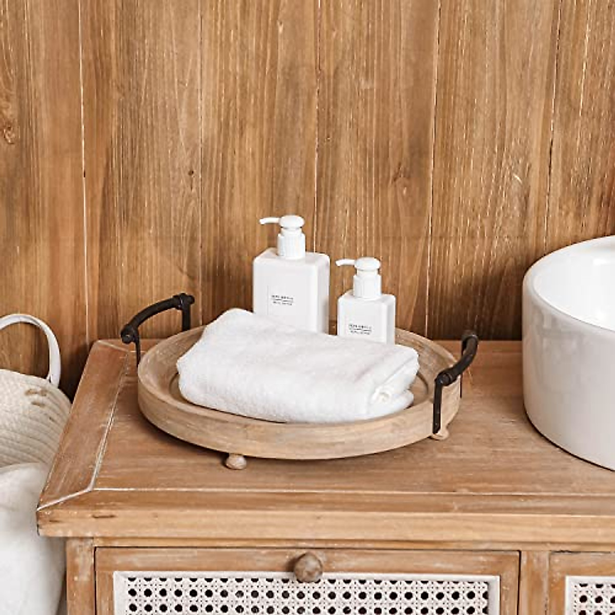 NIKKY HOME Farmhouse Round Wood Decorative Tray, Distressed Candle Tray with Metal Handles, Centerpiece Decor for Coffee Bar, Kitchen Counter, Dining Room Table - Natural Wood