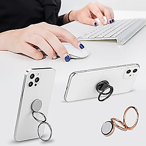Double Ring Cell Phone Holder Stand, Universal Metal Phone Grip Talk Finger Ring Kickstand Round Mount for Magnetic Car Mount Compatible Smartphone Glossy(Rose Gold), diameter 3.5cm