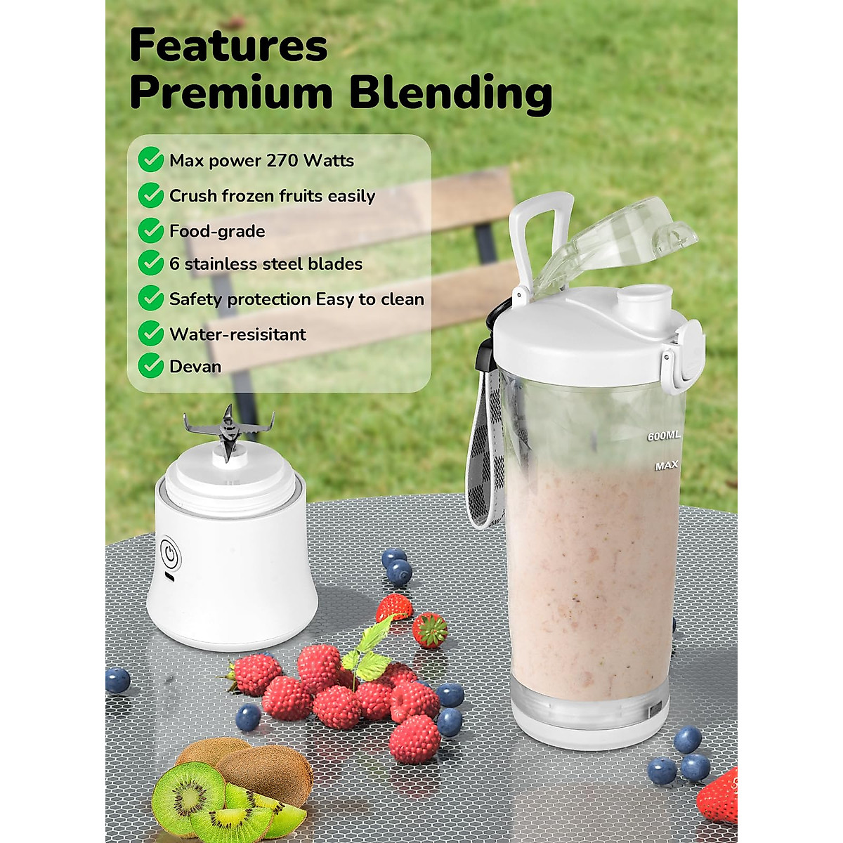 Portable Blender 20oz Large Capacity, 6 Blades Mini Blender for Shakes and Smoothies, BPA Free Personal Blender with Rechargeable USB, Fresh Juice Blender for On the Go, White