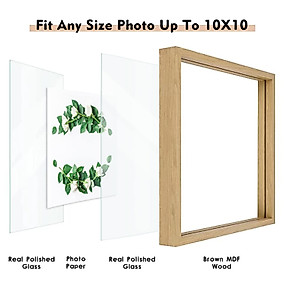 MUYE 10x10 Floating Frame Set of 2,Double Glass Square Photo Frame,Display Any Size Photo up to 10x10,Wall Mount or Tabletop Standing,Natural