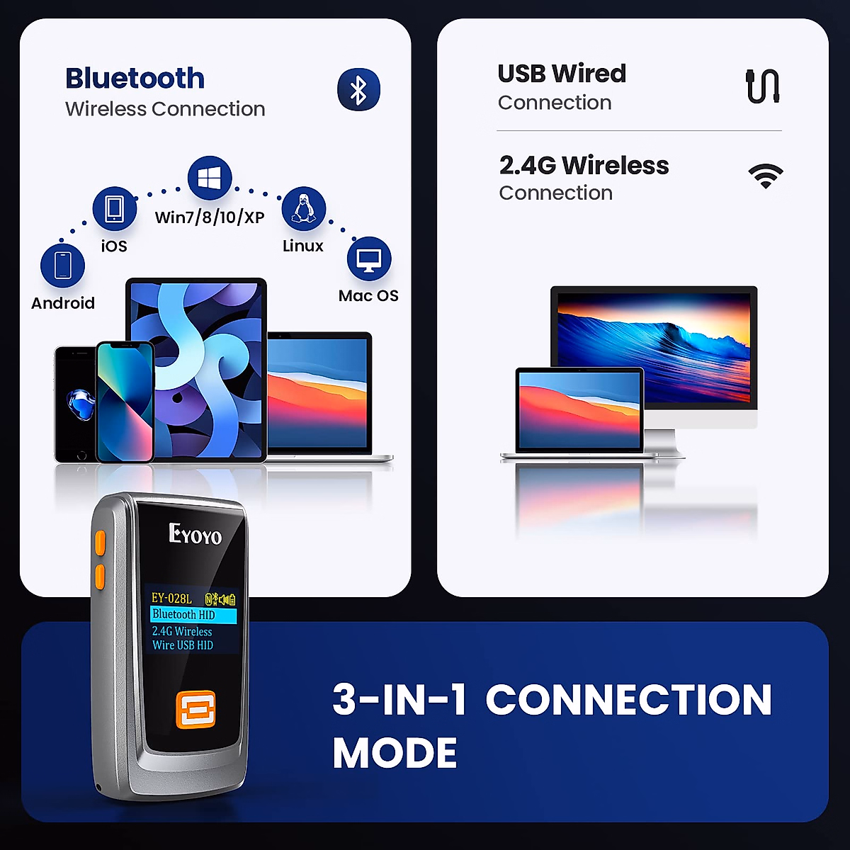 Eyoyo Mini Bluetooth Barcode Scanner with LCD Display,1D Laser Portable USB Wireless Book Bar Code Scanner Reader for Library Classroom Inventory, Compatible with iPhone iPad Android iOS POS Laptop