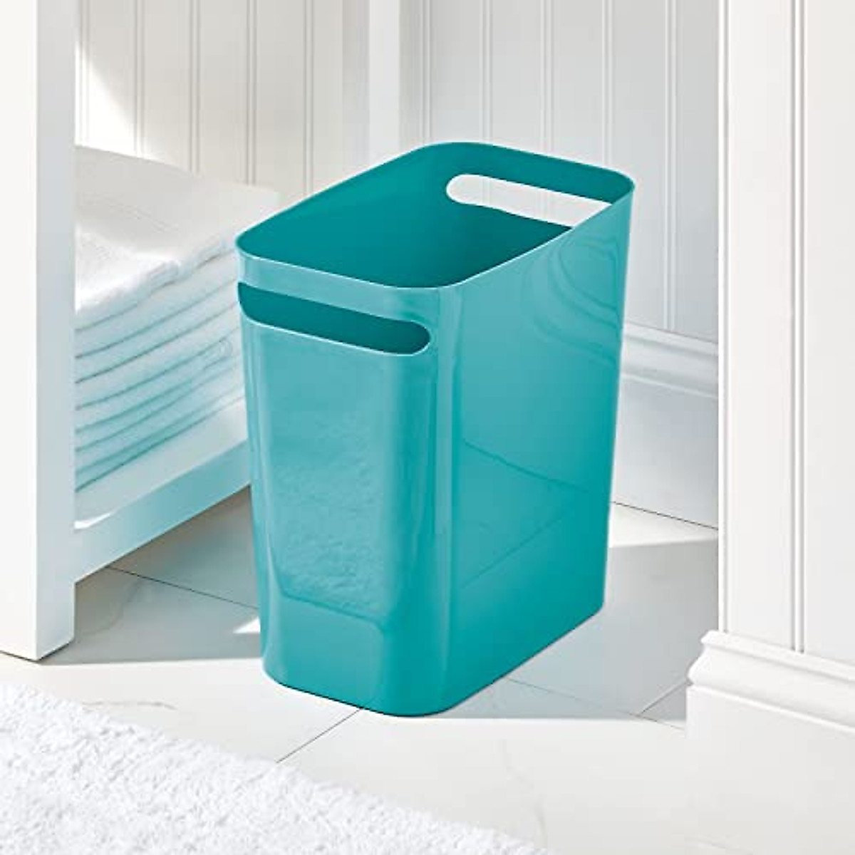 mDesign Plastic Slim Large 2.5 Gallon Trash Can Wastebasket, Classic Garbage Container Recycle Bin for Bathroom, Bedroom, Kitchen, Home Office, Outdoor Waste, Recycling - Aura Collection - Teal Blue, Pack of 1