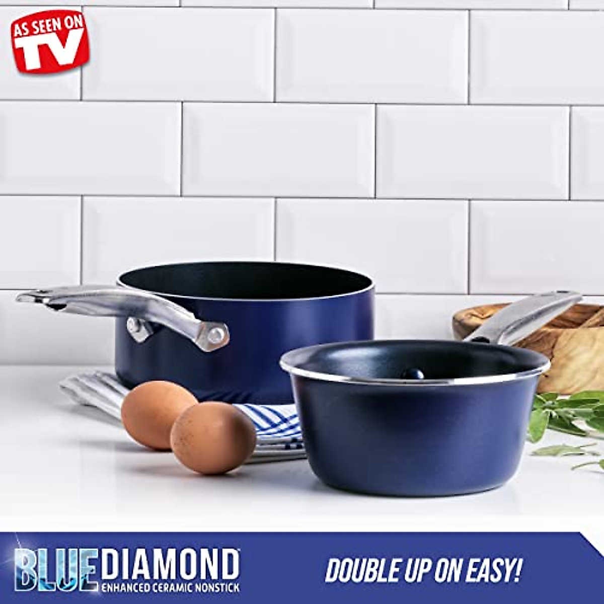Blue Diamond Cookware Diamond Infused Ceramic Nonstick, 1QT and 2QT Saucepan Pot Set, PFAS-Free, Dishwasher Safe, Oven Safe, Blue