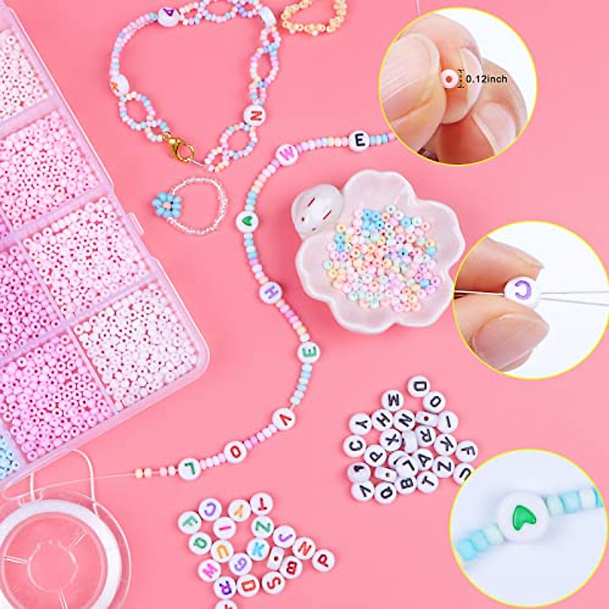 Gacuyi 6000 pcs Pastel Glass Seed Beads, Macaron 3MM Samll Craft Bead Pony Beads with Letter Alphabet Beads,Elastic String for DIY Bracelet Necklace Jewelry Making Supplies