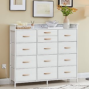 GAMTUE White Dresser with Charging Station and LED Lights, Dresser for Bedroom with 13 Drawers, Dressers & Chests of Drawers for Bedroom Closet, Tall Dressers with PU Storage