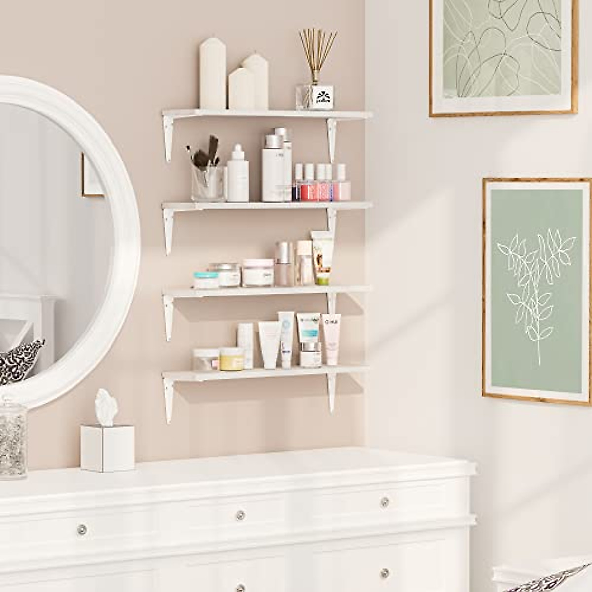 Wallniture Arras Floating Shelves for Bathroom Decor, 24" White Bookshelves for Living Room, Bedroom, Home Office, Organization and Storage Wall Shelf Set of 4