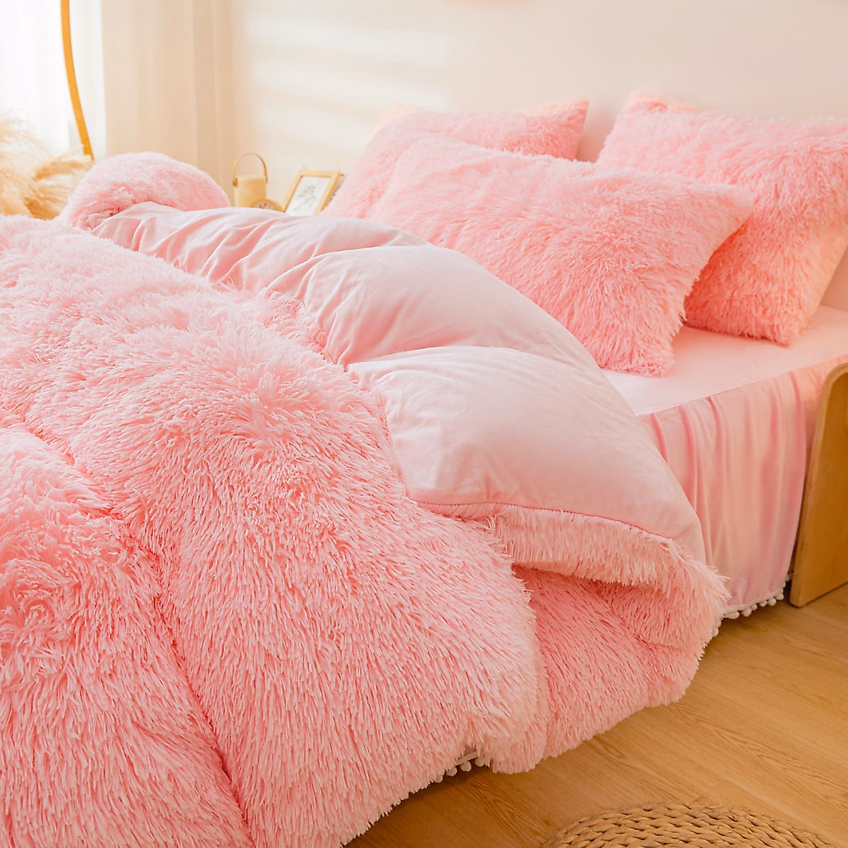 ERLOXO Fluffy Pink Faux Fur Comforter Cover Set，Fluffy Fuzzy Plush Pink Bedding 3Pcs (1 Faux Fur Duvet Cover +2 Fuzzy Pillowcases) Pink Fluffy Bed Set (Pink, Queen)