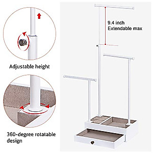 Love-KANKEI Necklace Holder Jewelry Tree Stand Adjustable Height with Large Storage for Necklaces Bracelets Earring Rings Drawer Jewelry Organizer Jewelry Display White and White