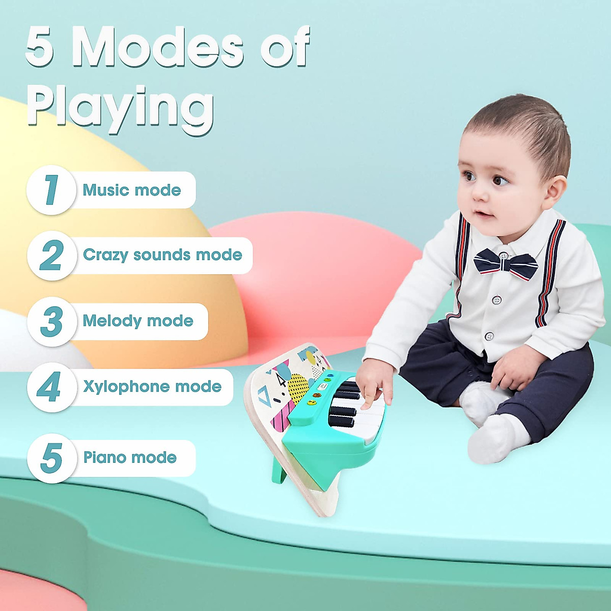 TUKELER Toddler Piano Wooden Musical Toy, Kids Keyboard with Lights, Sound Multifunctional Baby Piano&Xylophone Toy for 12 Months and Older Boys and Girls