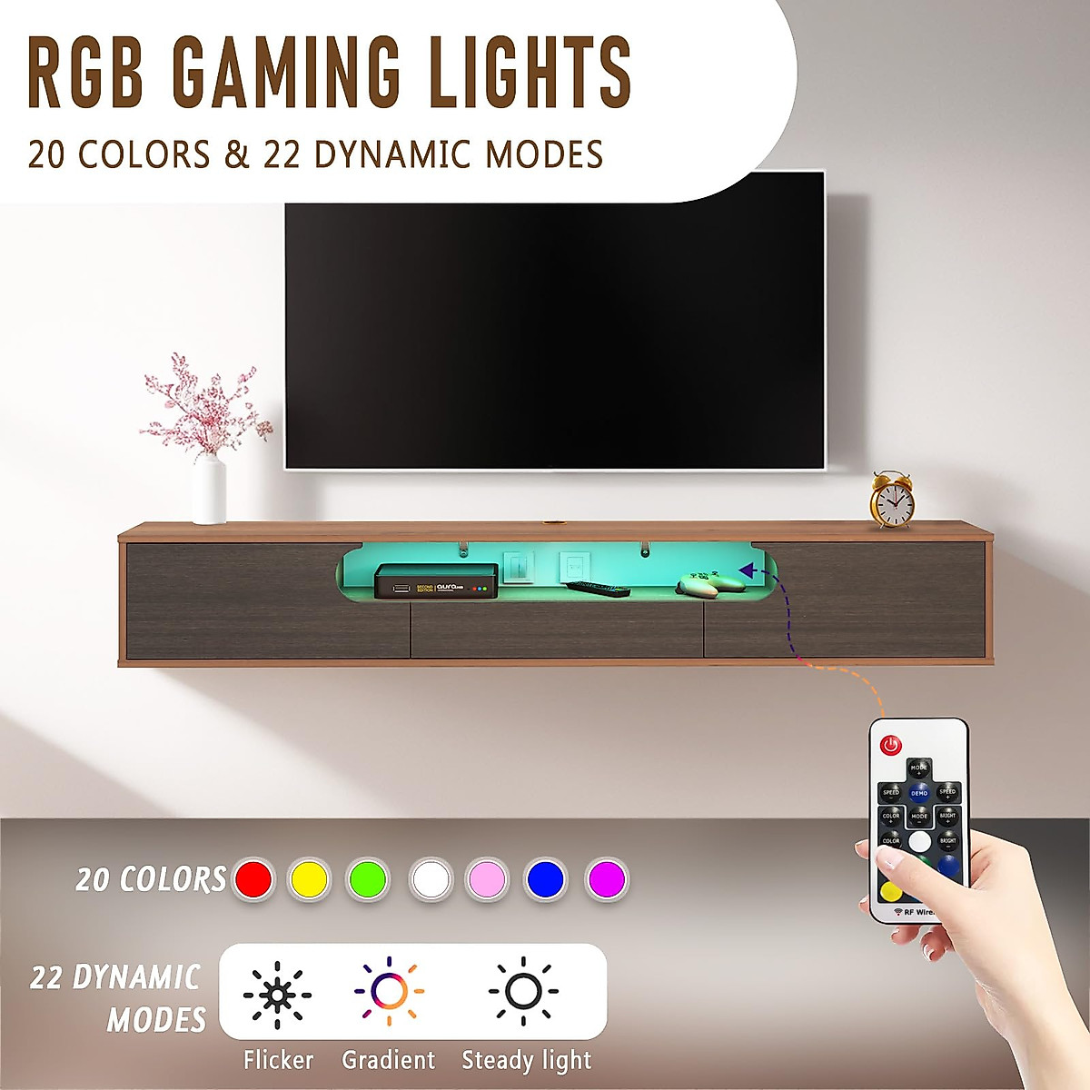 Pmnianhua Floating TV Stand with LED Lights,70'' Wall Mounted TV Cabinet Floating Under TV Shelf Media Console Entertainment Center with Storage Living Room Playroom Bedroom(Walnut)