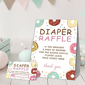 JCVUK Baby Shower Games, 1 Diaper Raffle Standing Sign with 50 Diaper Raffle Tickets,Donut Love Theme Babyshower Party Decorations and Supplies For Boys or Girls(LBLK-B12)