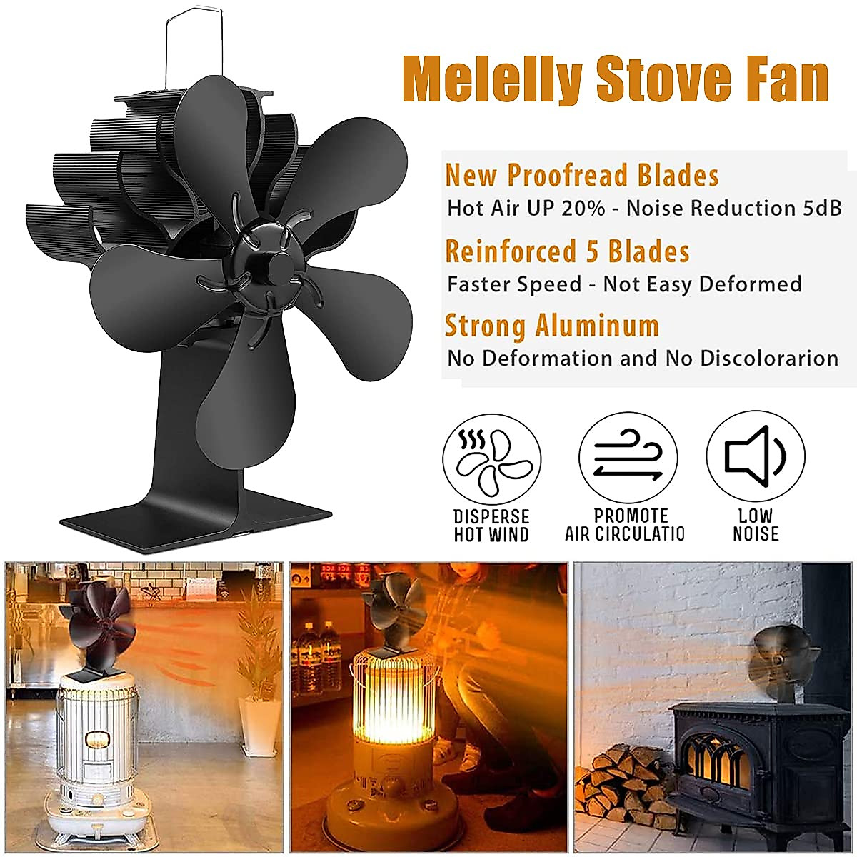 Melelly Fireplace Fan, Heat Powered Wood Stove Fan with 5-Blade for Wood/Log Burner/Fireplace Efficient Heat Distribution Fan