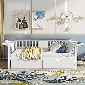 DNYN Full Size Daybed with Two Storage Drawers & Half-Moon Desk Design,Solid Pinewood Bedframe w/Safety Guardrails,Perfect for Dorm,Bedroom,Guest Room,Space-Saving,No Box Spring Needed, White