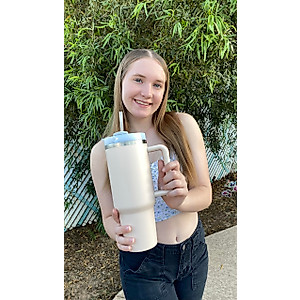 GOGOJOVE 40 OZ Tumbler with Handle and Straw,Double Wall Vacuum Reusable Stainless Steel Water Bottle for Home, Office or Car,Keep Hot/Cold for Hours (Rose Quartz)