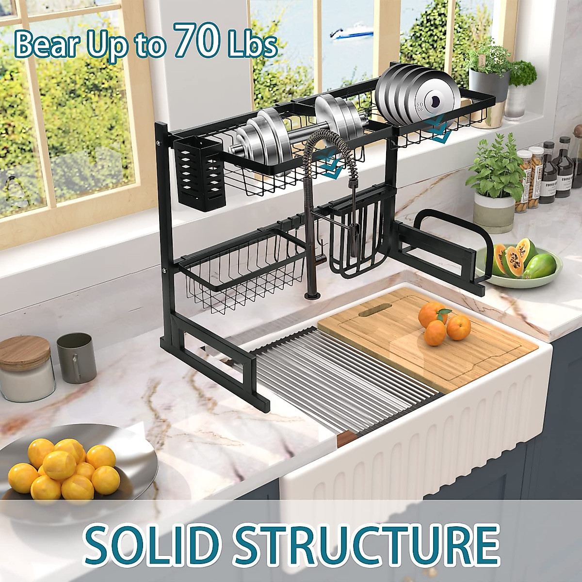 Vipush Over The Sink Dish Drying Rack - Large Dish Drainer for Storage Kitchen Counter Organization, Adjustable Stainless Steel Over Sink Display(25-35inch)