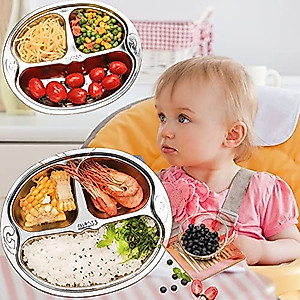 SOUJOY 4 Pack Divided Plate, Stainless Steel Diet Control Dinner Plate, 3 Sections Korean Unbreakable Monkey Shape Compact Food Serving Tray for Kids, Picky Eaters, Campers