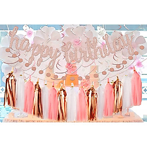 Rose Gold Birthday Decorations Rose Gold Happy Birthday Banner Tissue Paper Tassels Garland for Birthday Party Decorations Birthday Decoration for Girl Women