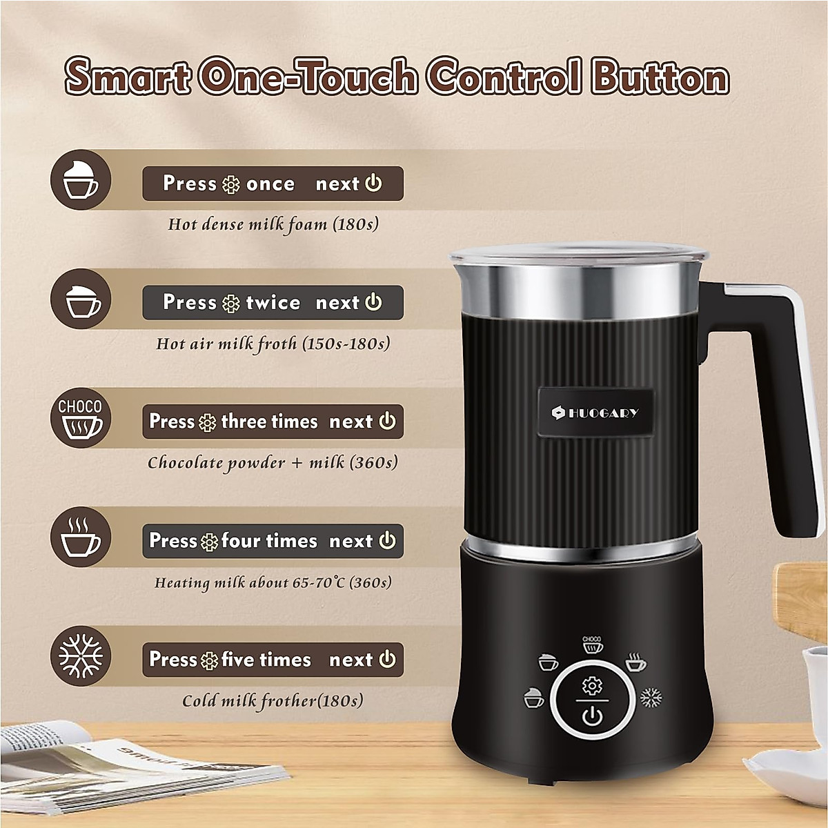 Huogary Detachable Milk Frother 5-in-1 Electric Milk Frother and Steamer Stainless Steel Milk Foamer Frother Cold Foam Hot Chocolate Maker with Dishwasher Safe