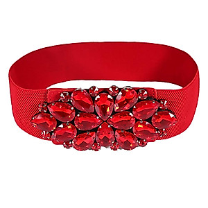 Dorchid Women Rhinestone Belt Crystal Elastic Waist Floral Cummerbund for Dress Red