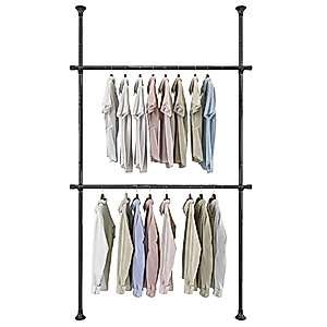 YeYeBest Clothes Rack, 2 Tier Closet Organizers And Storage Free Standing Closet Ceiling Link Floor Hanger for Hanging Clothes Adjustable Floor to Ceiling for Bedroom Laundry Room Black