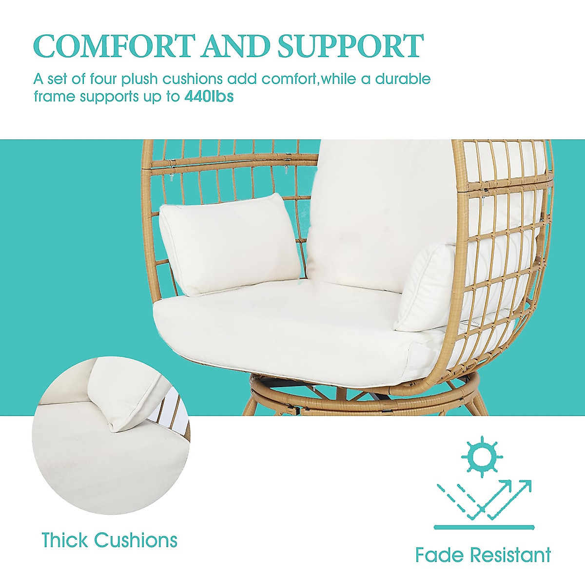 HLNPTN Patio Egg Chair Wicker Outdoor Egg Basket Chairs, Oversized Outdoor Furniture PE Rattan Patio Lounge Chair 440lb Capacity Sofa Seat with Stand & Beige Cushions for Indoor, Living Room, Backyard