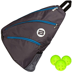 BESTA Premium Pickleball Bag. Padded Sling Bag with 3 Compartments, Water Bottle Holder and Adjustable Strap that Switches Sides. Holds Several Paddles, Balls and More. (Gray with Blue Trim)