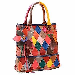 HESHE Genuine Leather Handbags Colorful Purses for Women Crossbody Bag Multi-color Tote Purse Designer Hobo Shoulder Bag(Colorful-2B4009)