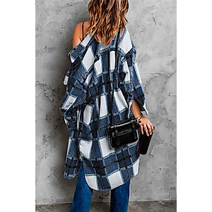 PRETTYGARDEN Women's 2025 Plaid Shacket Jacket Long Sleeve Button Down Shirts Fashion Winter Wool Coats (Navy,Medium)