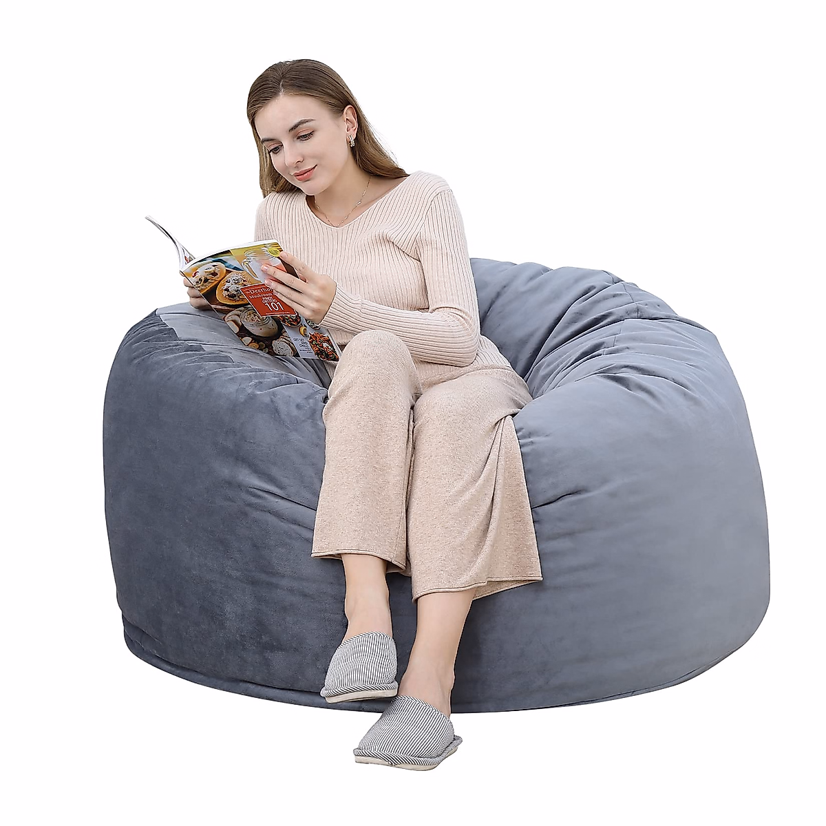 GlowSol Big Huge Giant Bean Bag Chair for Adults, Memory Foam Bean Bag Chair with Removable Machine Washable Plush Velvet Cover, Stuffed Sofa Chair, 4FT, Grey
