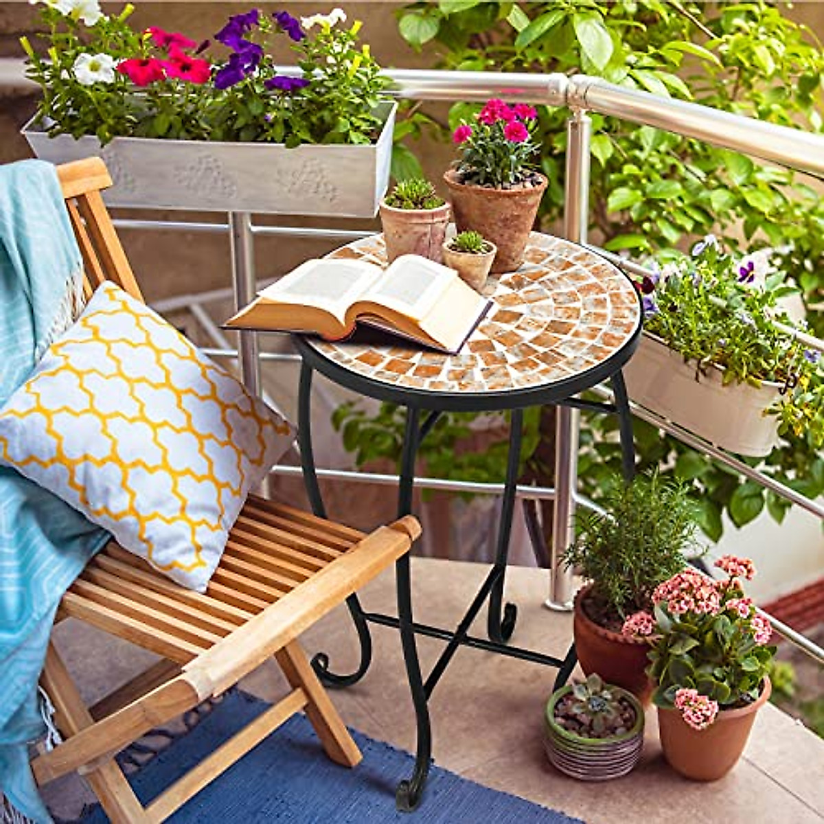 VINGLI Mosaic Outdoor Side Table, 14" Round End Table, Accent Table, Plant Stand Ideal for Pool Side, Porch, Patio, Deck or Sofa Side, Glass Top Black Iron, Golden Yard