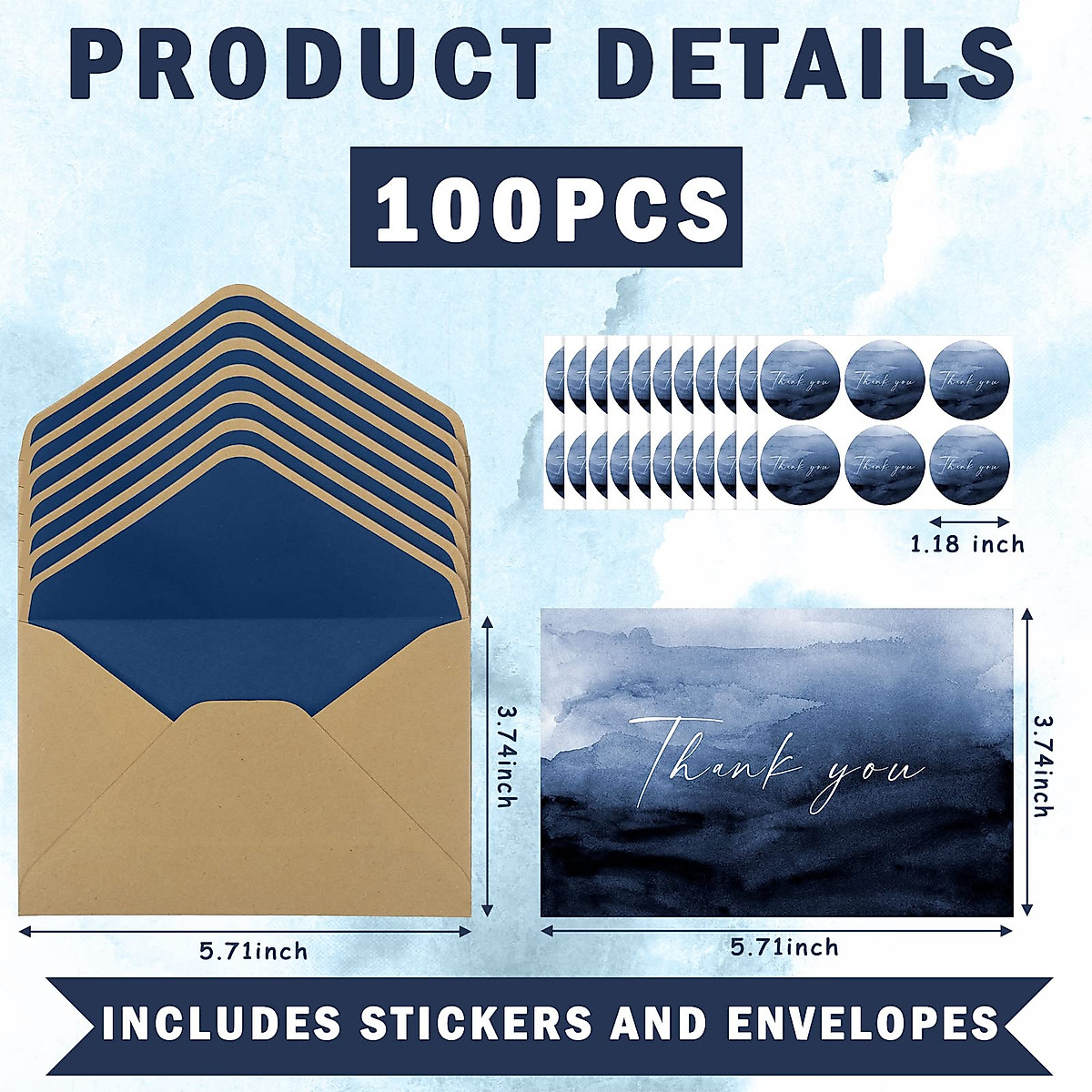 100 Pcs Thank You Cards with Envelopes 100 Stickers, Classy Thank You Notes Set Printable Thank You Gift Card Thank You Business Card with Brown Kraft Style Envelopes (Blue)