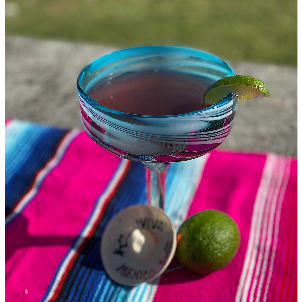 Dos Sueños Mexican Hand Blown Glass – Set of 4 Hand Blown Margarita Glasses Aqua Swirl (16 oz)