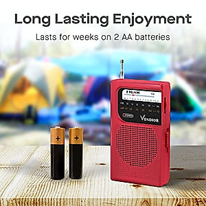AM FM Battery Operated Portable Pocket Radio - Best Reception and Longest Lasting. AM FM Compact Transistor Radios Player Operated by 2 AA Battery, Mono Headphone Socket, by Vondior (Red)