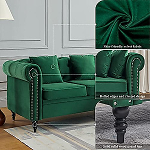 kinmars Chesterfield Sofa Velvet,3 Seater Couch Furniture,Couches for Living Room with Deep Button Tufting,Large Sofa with Rolled Arms (Green)