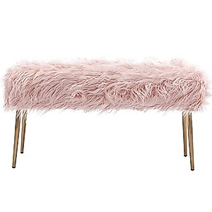 DM Furniture Faux Fur Vanity Bench Fuzzy Entryway Bench Furry Ottoman End of Bed Stool with Gold Metal Legs for Living Room Bedroom Closet, Pink