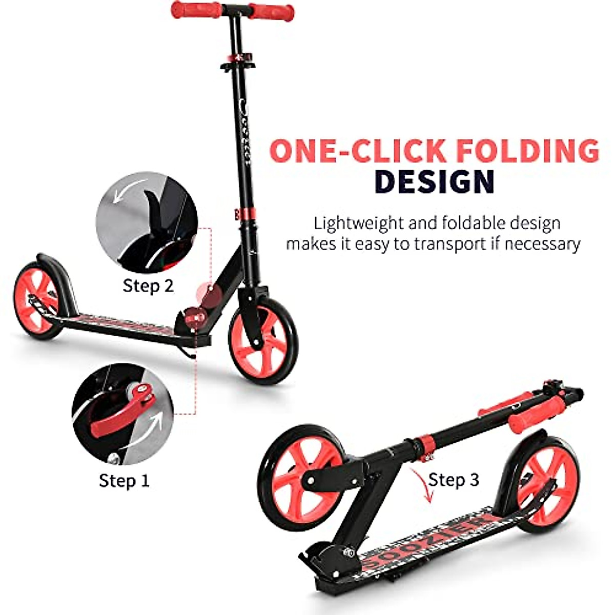 Soozier Folding Kick Scooter for 12 Years and Up for Adults and Teens, Push Scooter with Height Adjustable Handlebar, Big Wheels and Rear Wheel Brake