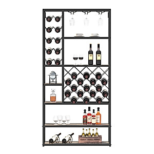 Launica Industrial Wine Rack Freestanding Floor, Farmhouse Tall Coffee Bar Cabinet with Storage, Wood Metal Stackable Bakers Rack, Modern Buffet Cabinet for Home Kitchen Dining Room, Light Grey Oak