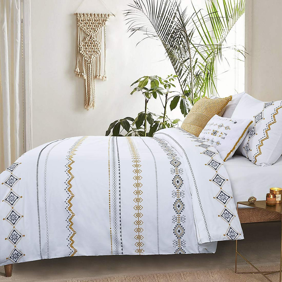 YINFUNG Boho Duvet Cover Set White Queen Moroccan Stripe Aztec Geometric Yellow Grey Ethic Tribal Bohemian Vibrant Textured 90x90 Cotton Bedding Set Embroidered Zip Embroidered 3 Pieces