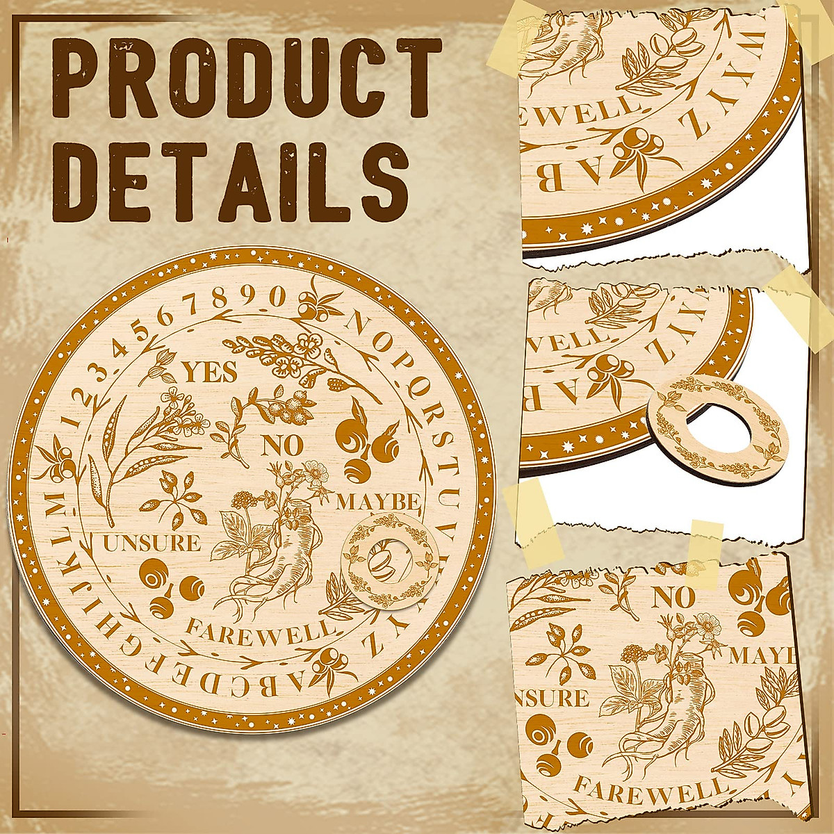 Wooden Spirit Board Pendulum Board Herbal Round Spirit Board Floral Talking Board Game Plants Flowers Witchcraft Decor Wood Divination Tools for Altar, Spirit Hunt, Occult Practice