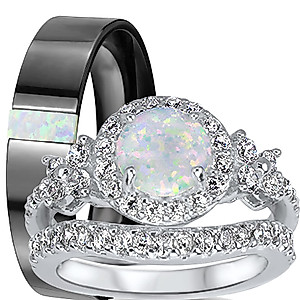 LaRaso & Co His Hers TRIO Wedding Set Titanium Band Sterling Silver White Opal Bridal Engagement Ring Set Him Her 12/9