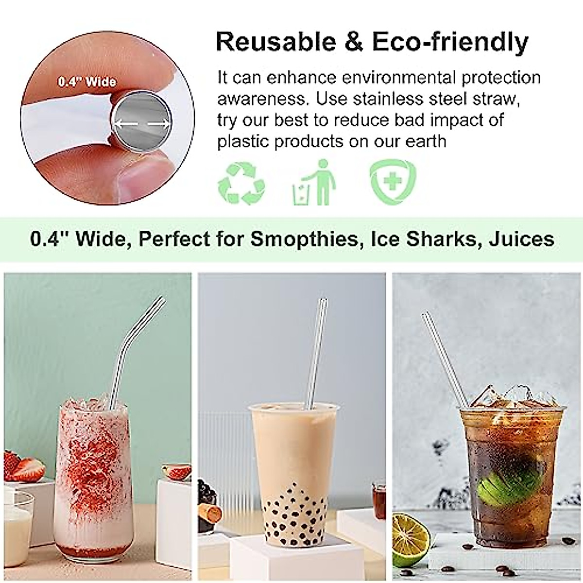 BOTTLAN 6PCS Stainless Steel Straw for Stanley Adventure Quencher Travel and H2.0 FlowState Tumbler Cup 40 oz 30 oz with Handle, 10mm/0.4'' Diameter Replacement Straws for Smoothie, Milkshakes