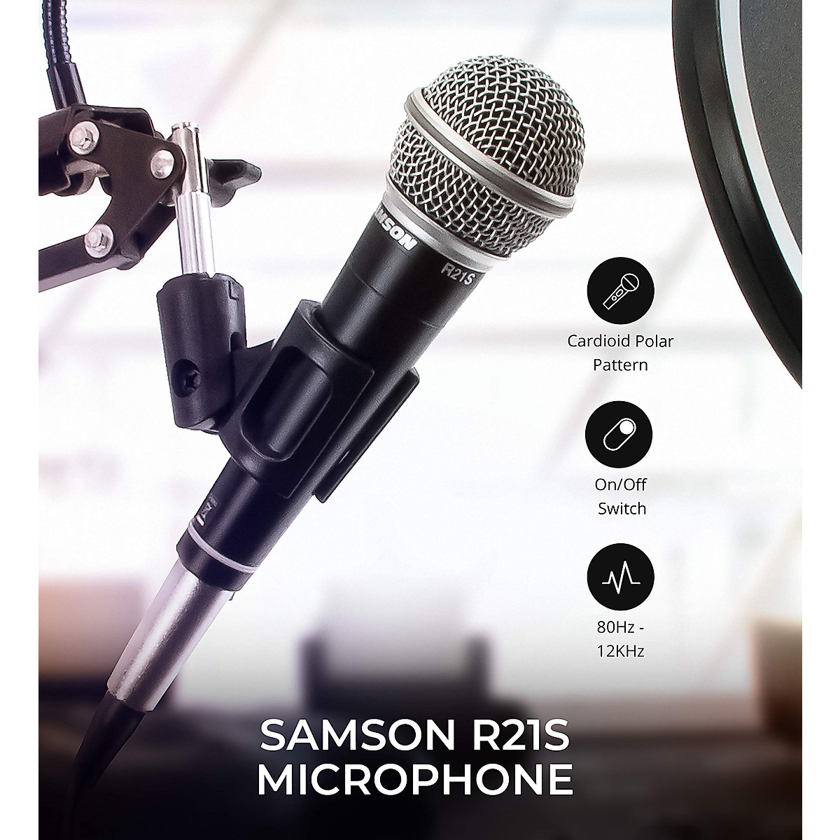 blucoil Audio Technica ATH-M30x Professional Studio Monitor Headphones (Black) Bundle Portable USB Audio Interface for Windows & Mac, 10' XLR Cable, and Samson R21S Dynamic Microphone